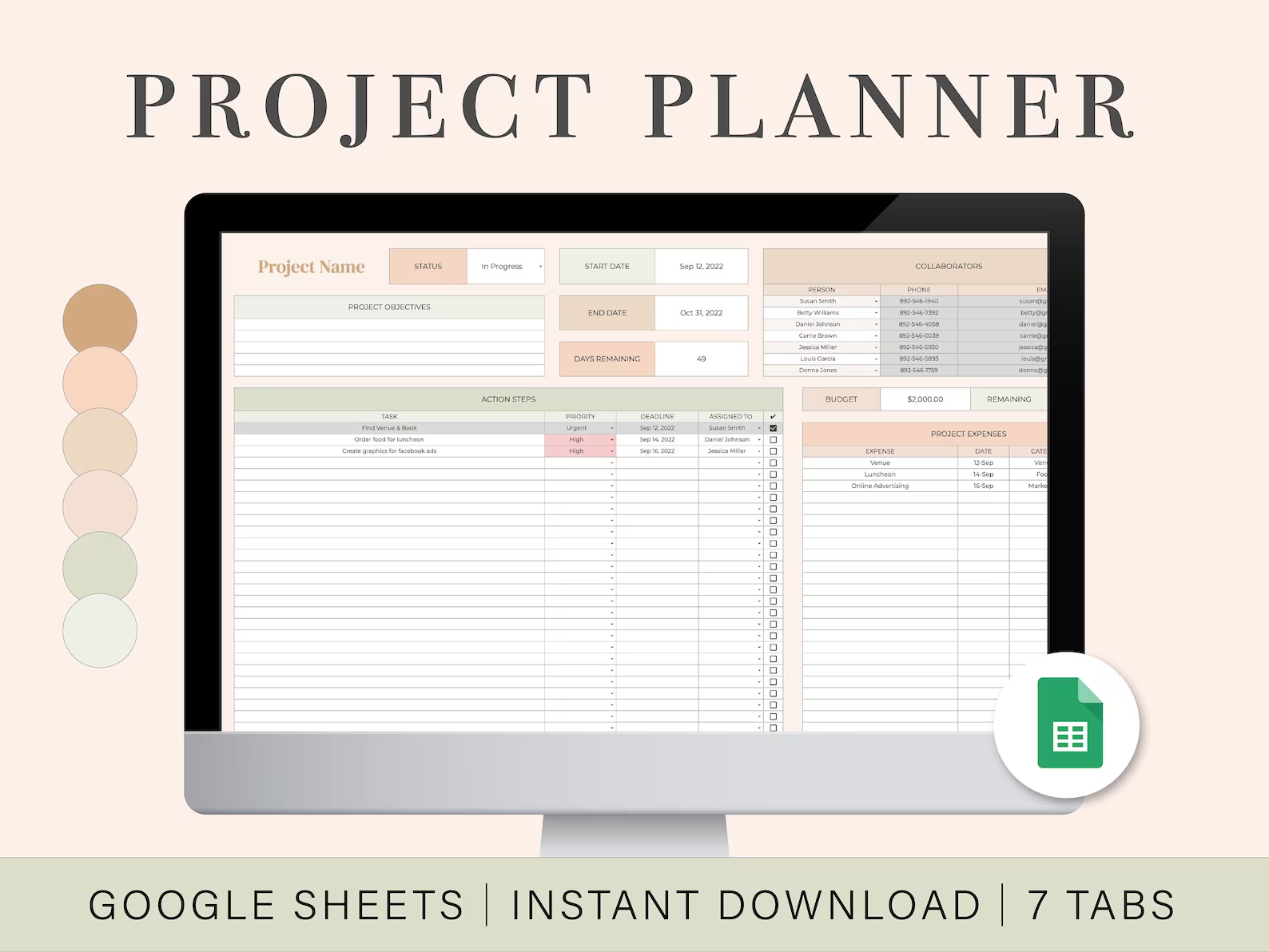 Project Management Planner Spreadsheet | Small Business Project Tracker